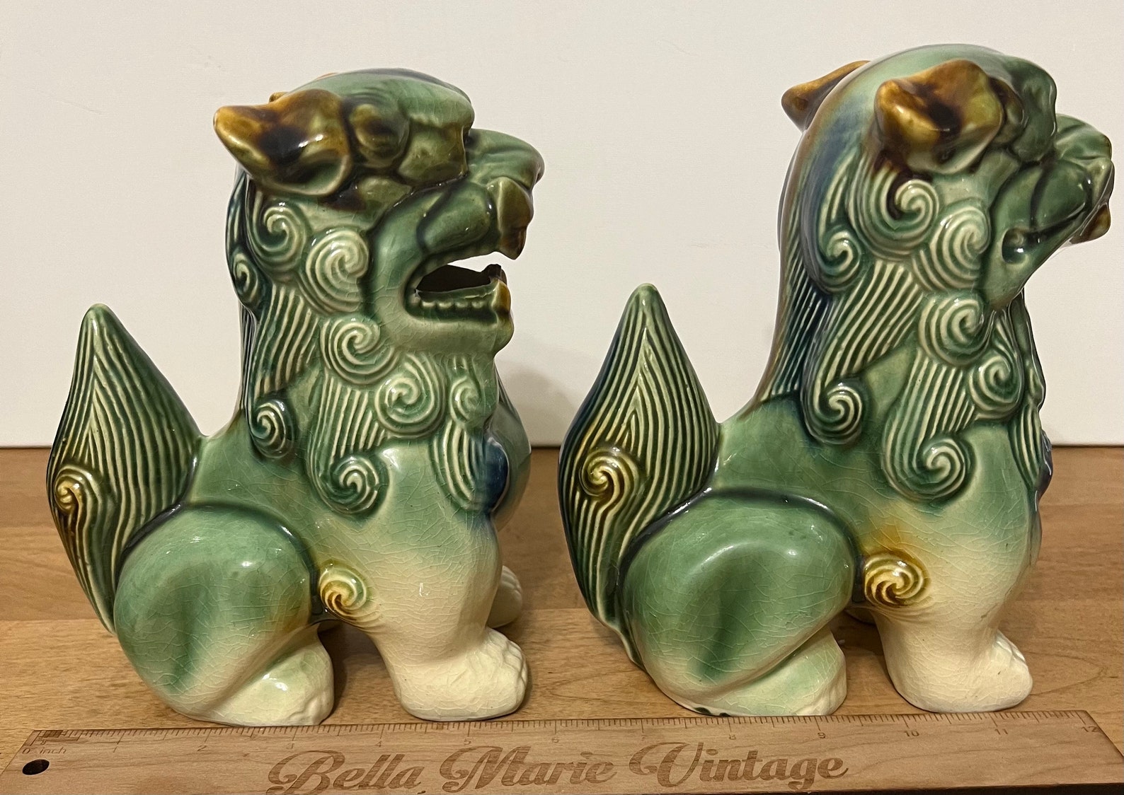 Vintage Pair of Green and Blue Ceramic Foo Dogs, 7 Tall, Foo Dog ...