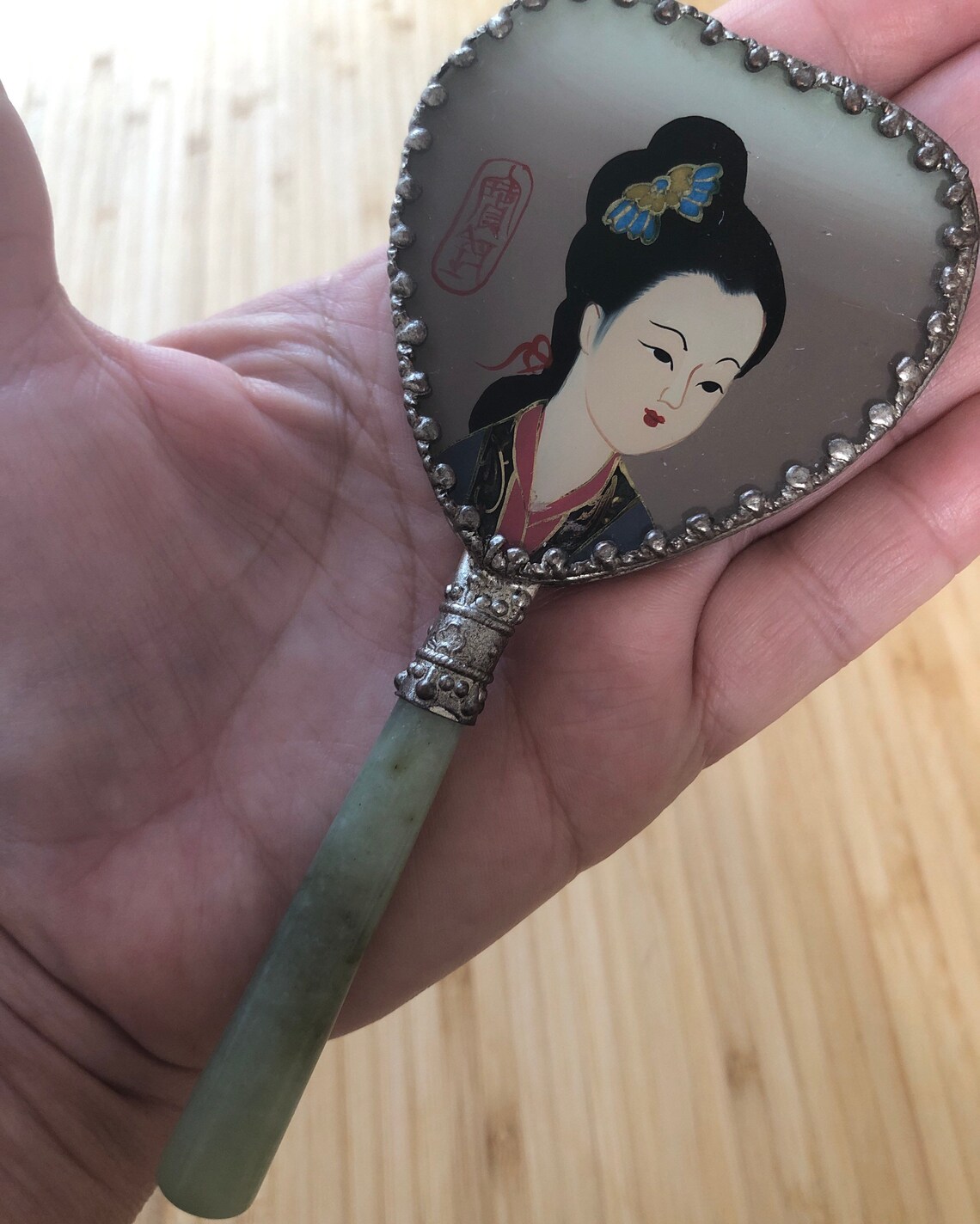 Vintage Japanese Small Hand Mirror, Geisha With Jade Handle With Silver ...