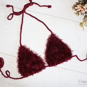 Fluffy Faux Fur Burgundy Crochet Bra Top, Furry Festival Top, Beach ...