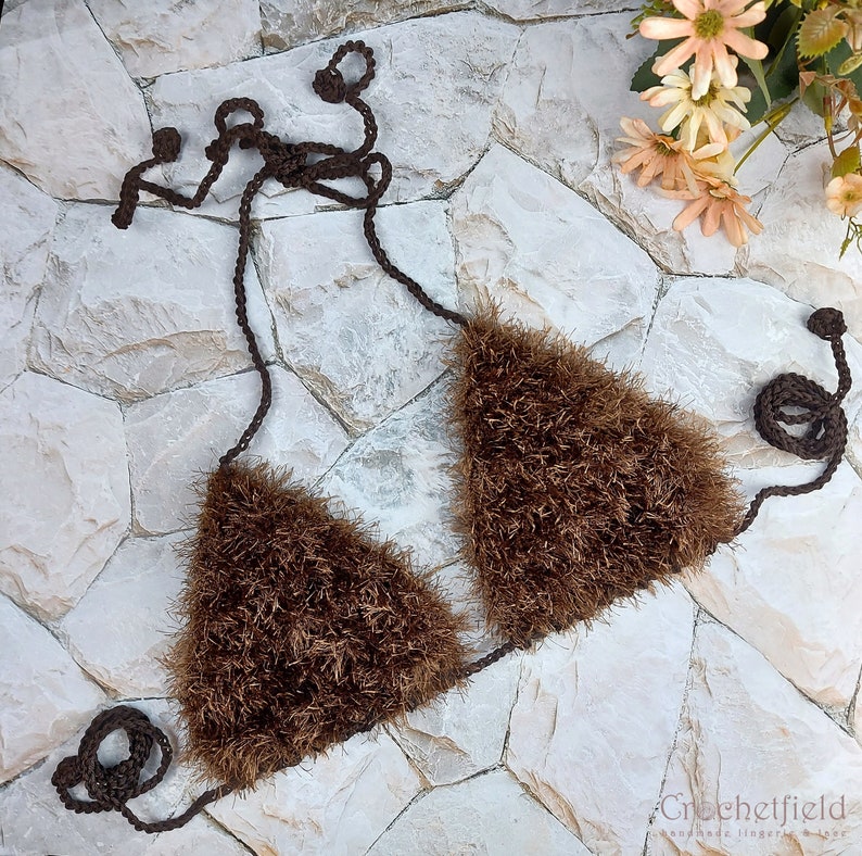 Fluffy Faux Fur Brown Crochet Bra Top Furry Festival Top Beach Halter