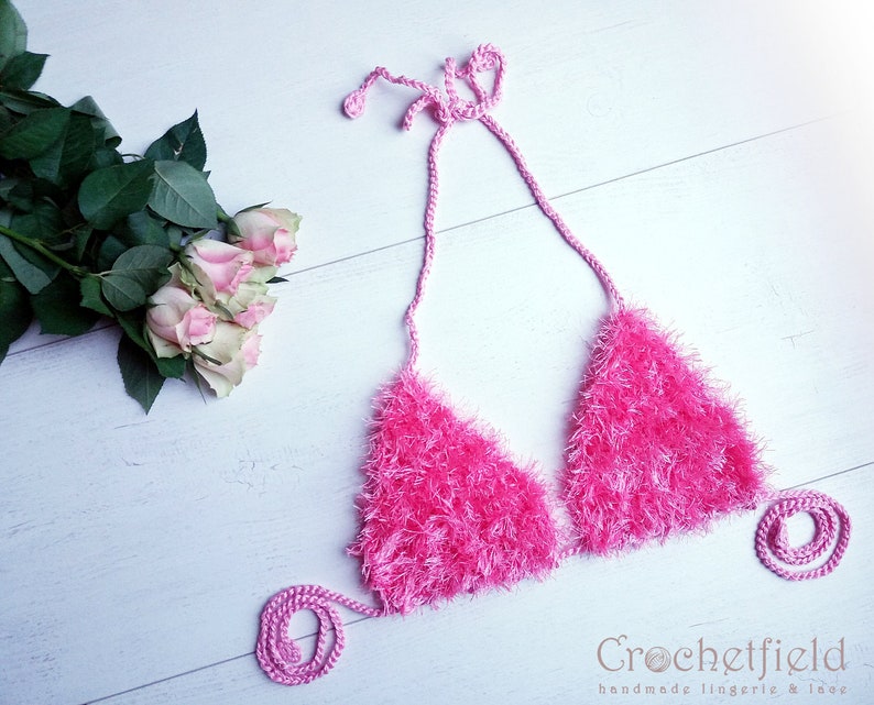 Fluffy Faux Fur Red Crochet Bra Top Furry Festival Top Beach Halter