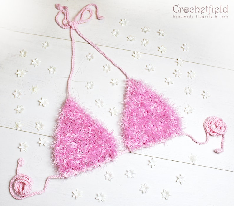 Fluffy Faux Fur Light Pink Crochet Bra Top Furry Festival Top Beach