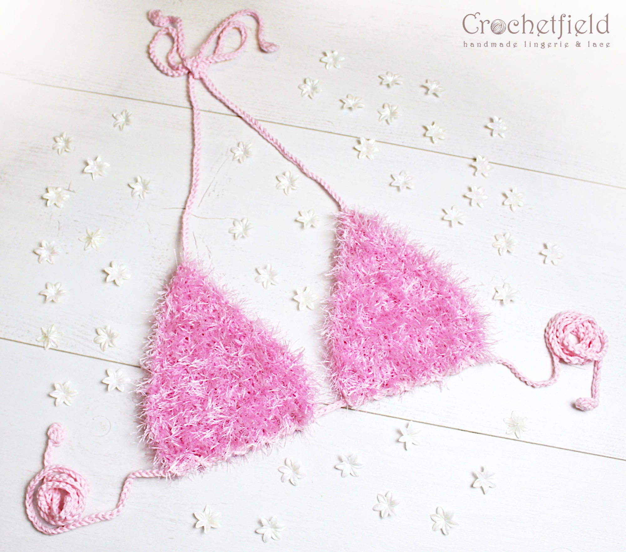 Fluffy Faux Fur Light Pink Crochet Bra Top Furry Festival Top Beach