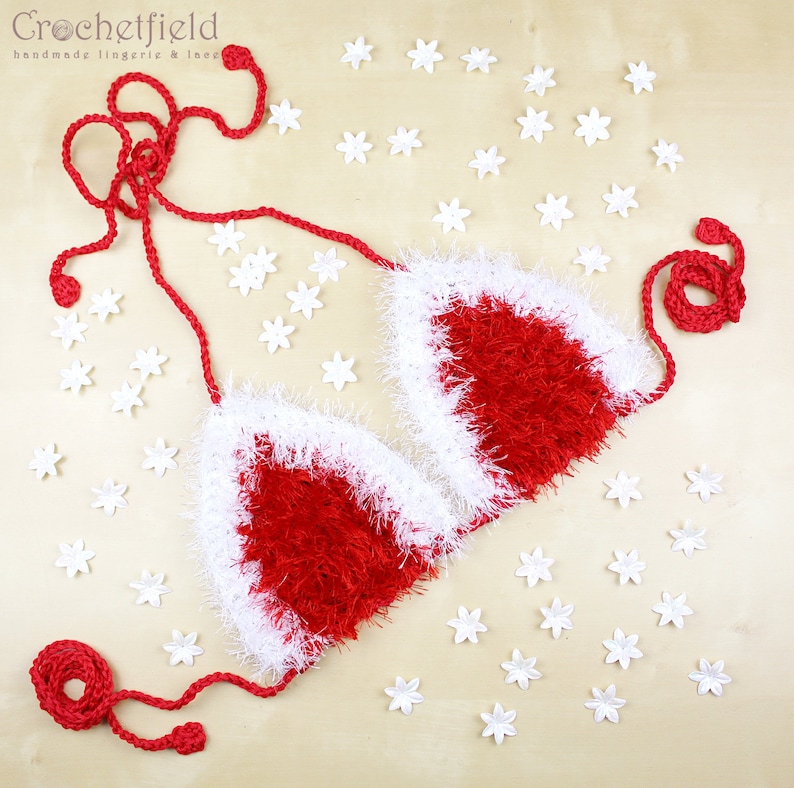 Christmas Fluffy Faux Fur Red Crochet Bra Top Santa Cosplay Furry
