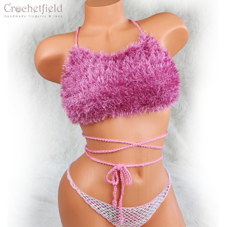 Faux Fur Beige Crochet Halter Top With Lace Up Back Wrap Around