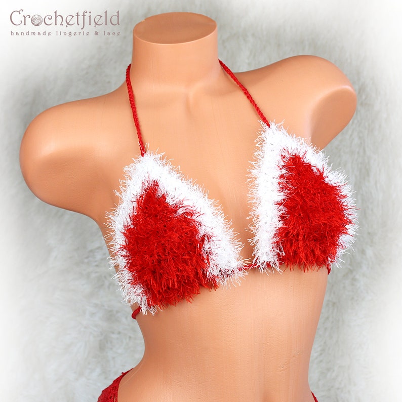 Christmas Fluffy Faux Fur Red Crochet Bra Top Santa Cosplay Furry