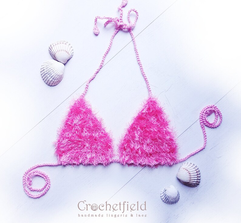 Fluffy Faux Fur Pink Crochet Bra Top Furry Festival Top Beach Halter