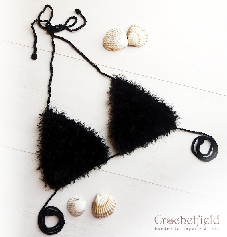 Fluffy Faux Fur Black Crochet Bra Top Fur Bikini Top Furry Festival