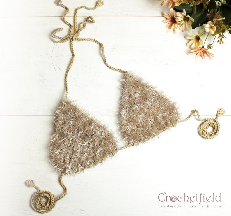 Fluffy Faux Fur Beige Crochet Bra Top Fur Bikini Top Furry Etsy