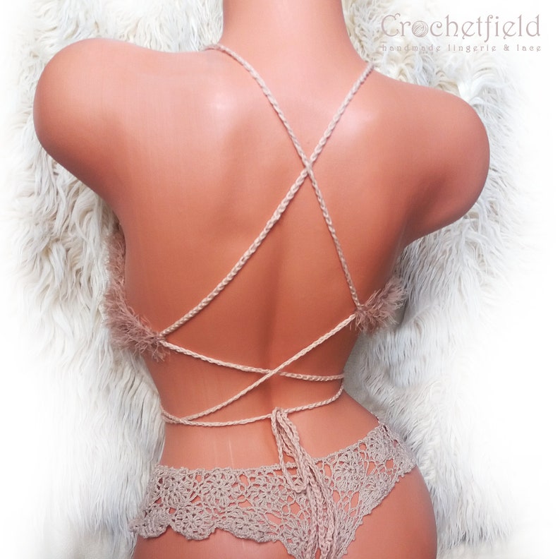 Faux Fur Red Crochet Halter Top With Lace Up Back Wrap Around Fluffy