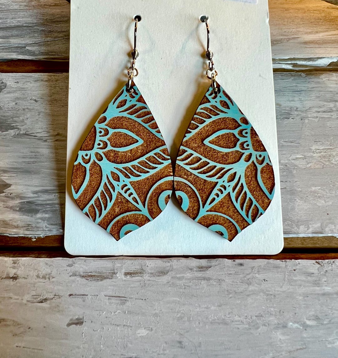 Painted Wood Earrings, Boho Wood Earrings, Monstera Leaf Enamel ...