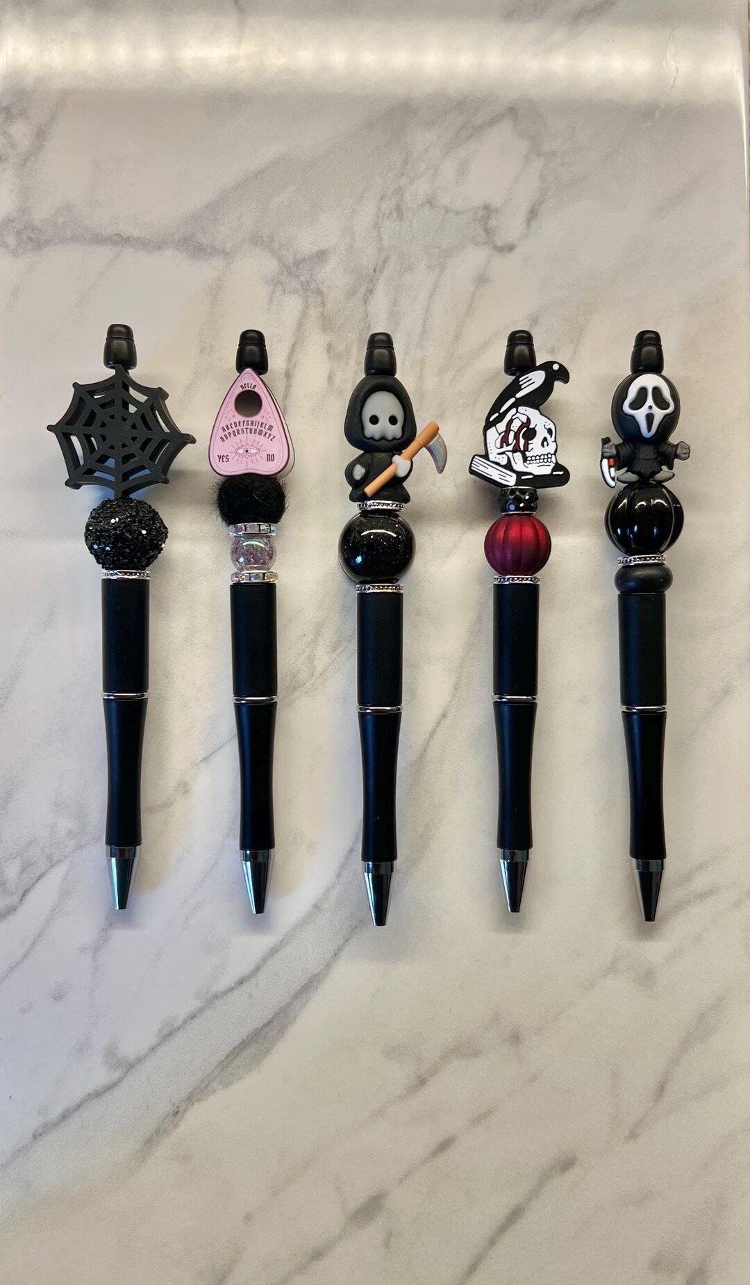 Halloween Beaded Pens, Grim Reaper, Ghostface, Planchette, Ouija, Spiderweb, Skull and Raven ...