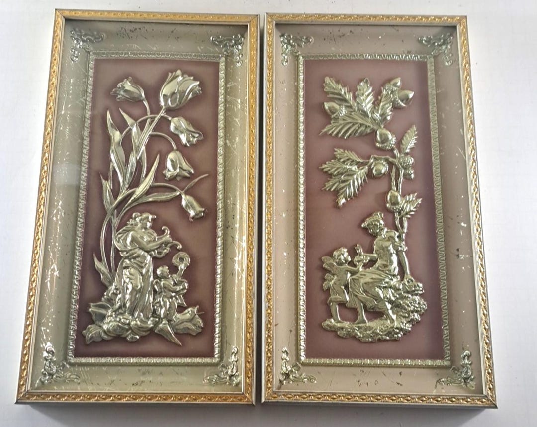 Vintage Metalcraft Four Seasons Wall Decor Spring Autumn 15x8 Gold Pink ...