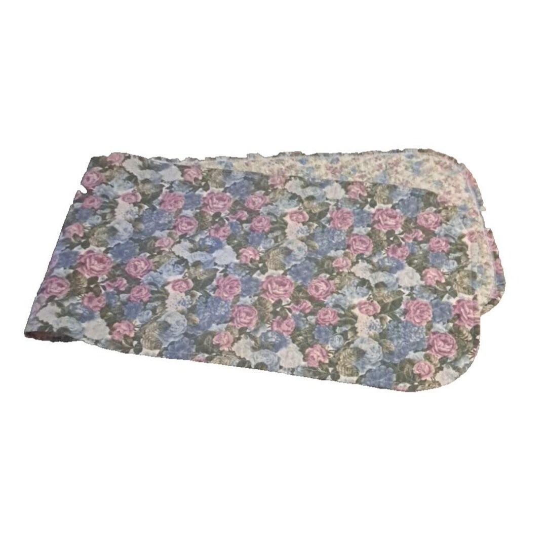 VTG Quilted Table Runner Floral Purple Blue Reversible Handmade Cottage ...