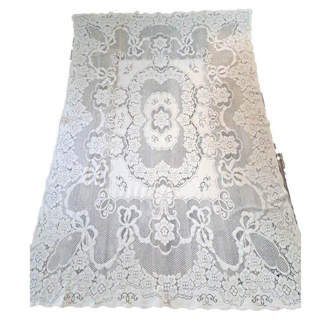 Vintage Quaker Lace Tablecloth Rectangular Ivory Floral Bows Victorian ...