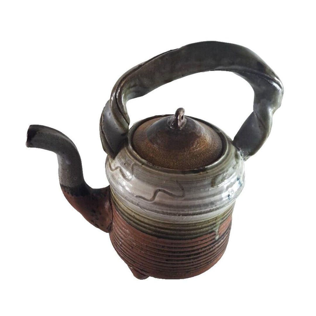 Handmade Pottery Teapot Twisted Handle Drip Glaze Ribbed Primitive ...