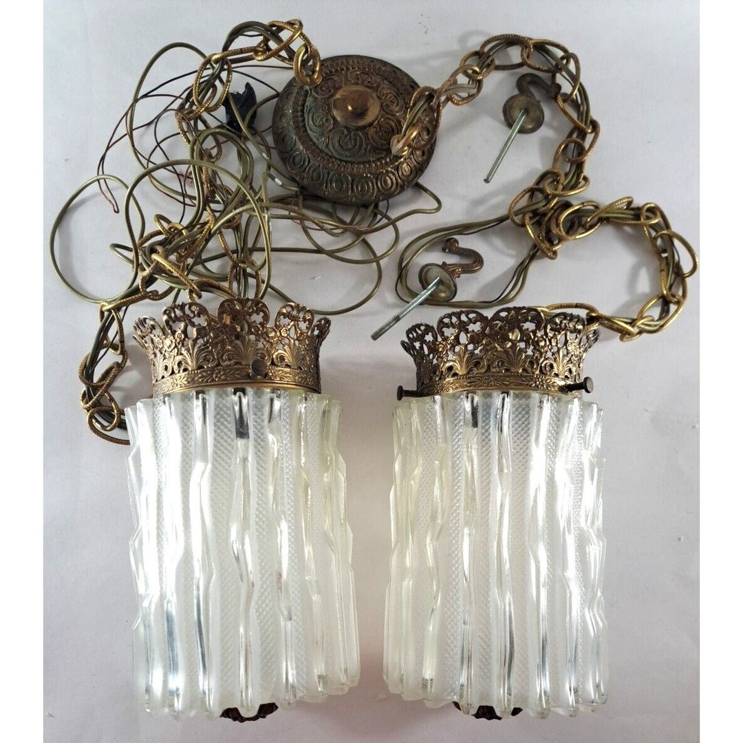 Vintage Ceiling Swag Lights Fixture W Chains Ornate Gold Tone Mid ...