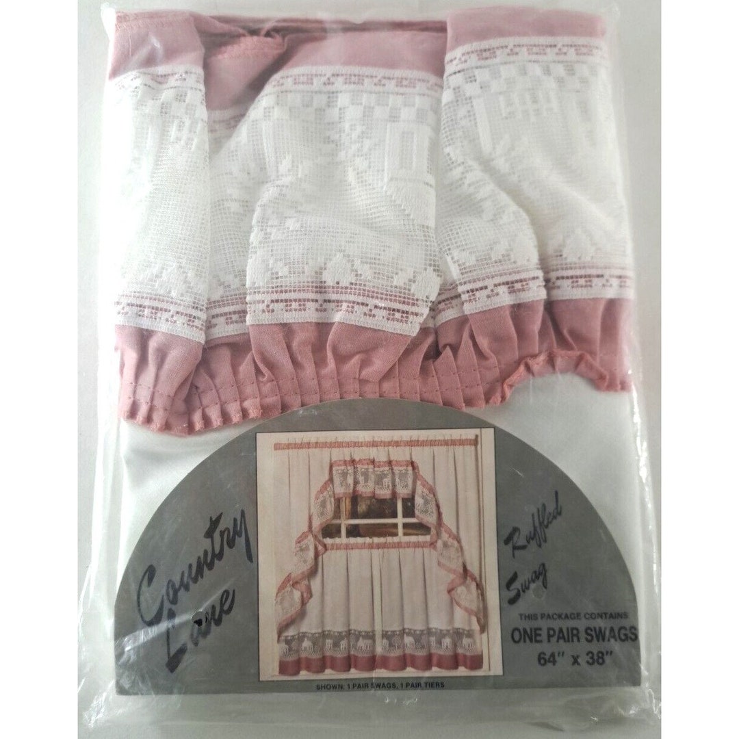 NEW Vintage Lace Window Swags Valance One Pair Pink Lace Ruffled ...