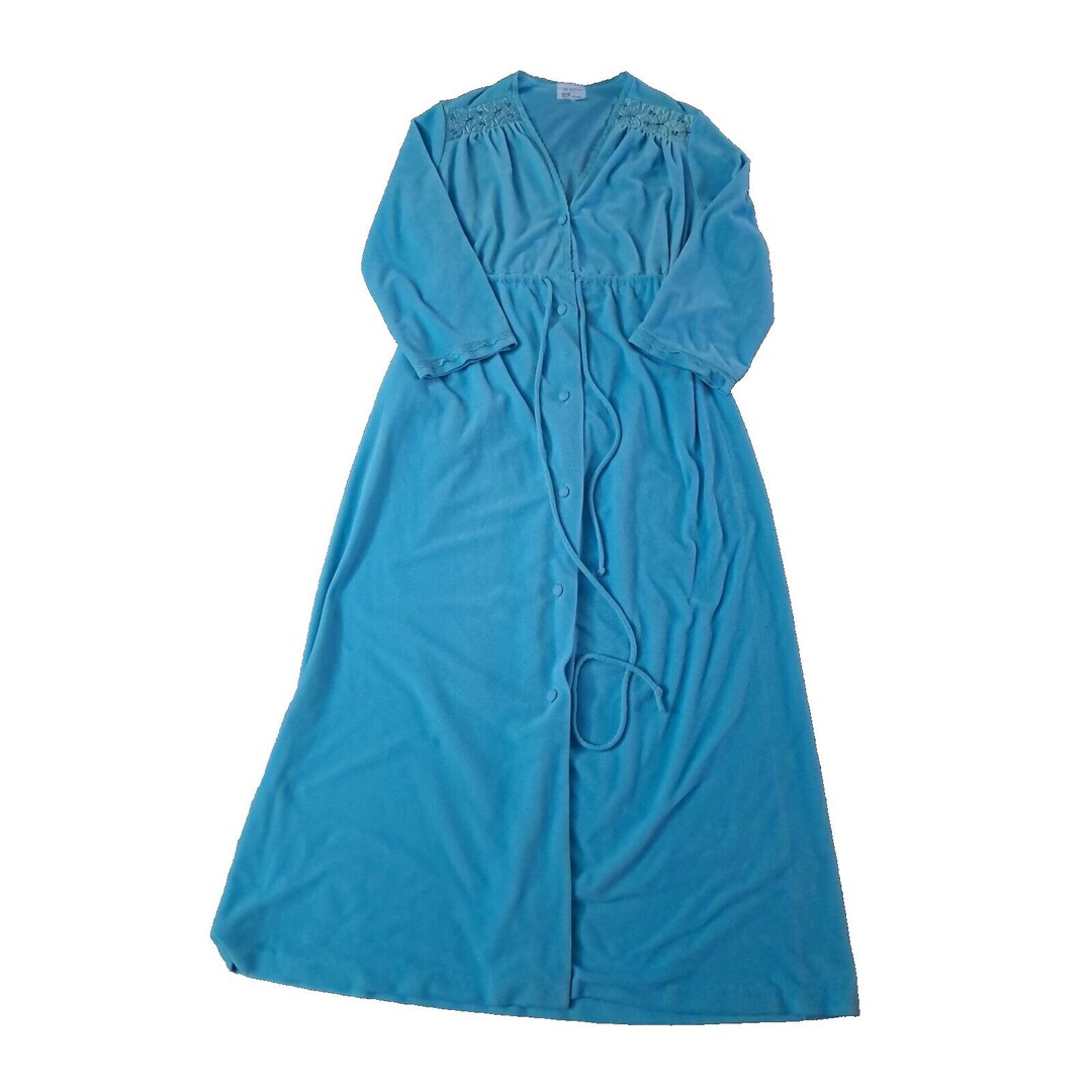 Women's Vintage Velour Robe Blue Tie Waist Lace Pocket Full Length Blue ...