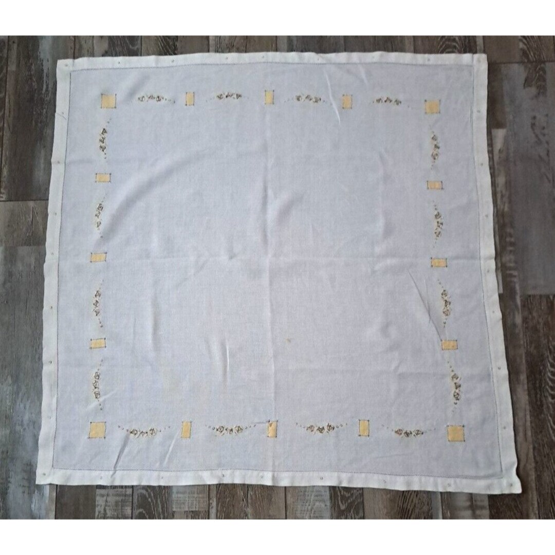 Vintage Square Tea Tablecloth Linen Embroidered White Yellow Roses ...