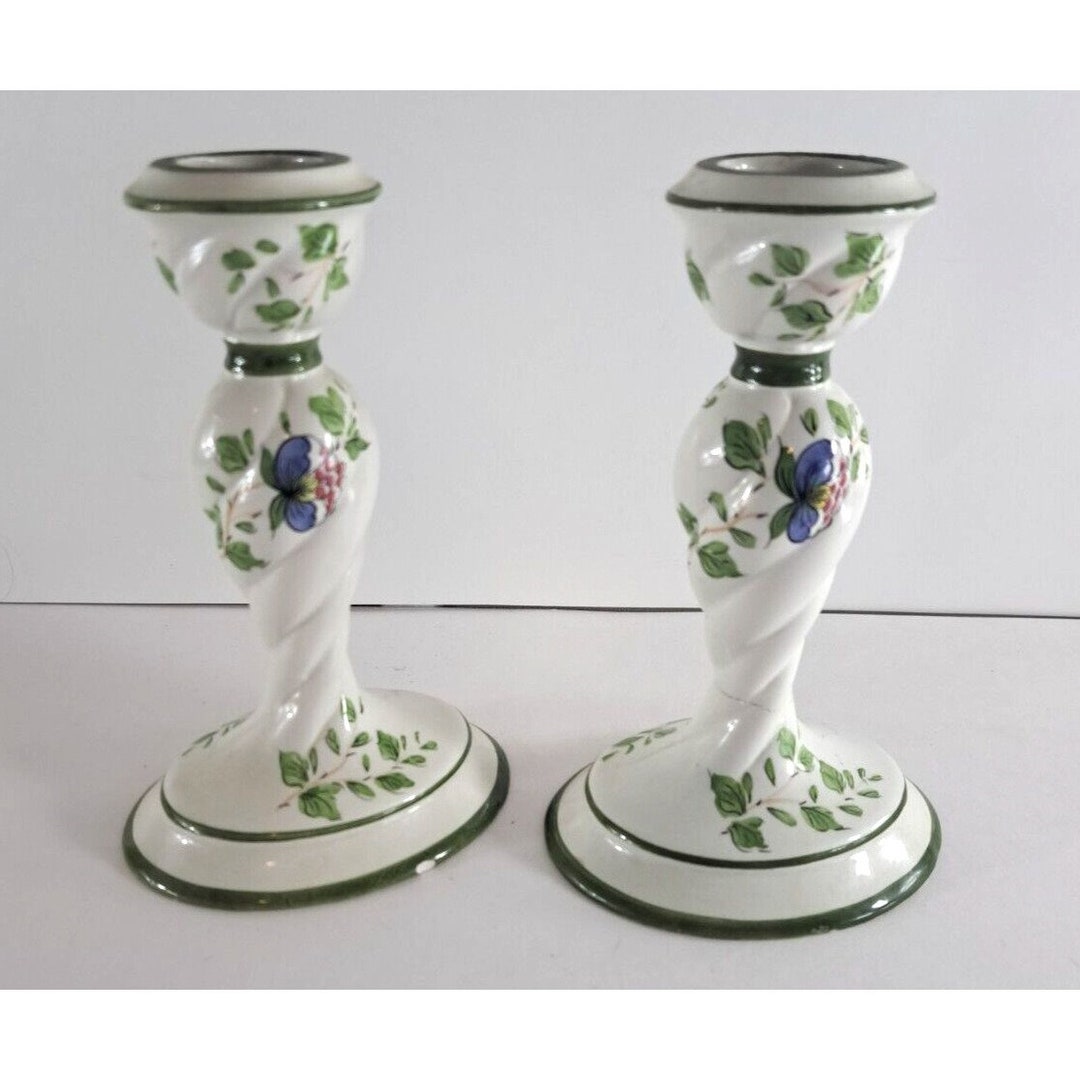 Vintage Italian Candlesticks Porcelain Blue Floral W Vines 6.5 Set of 2 ...
