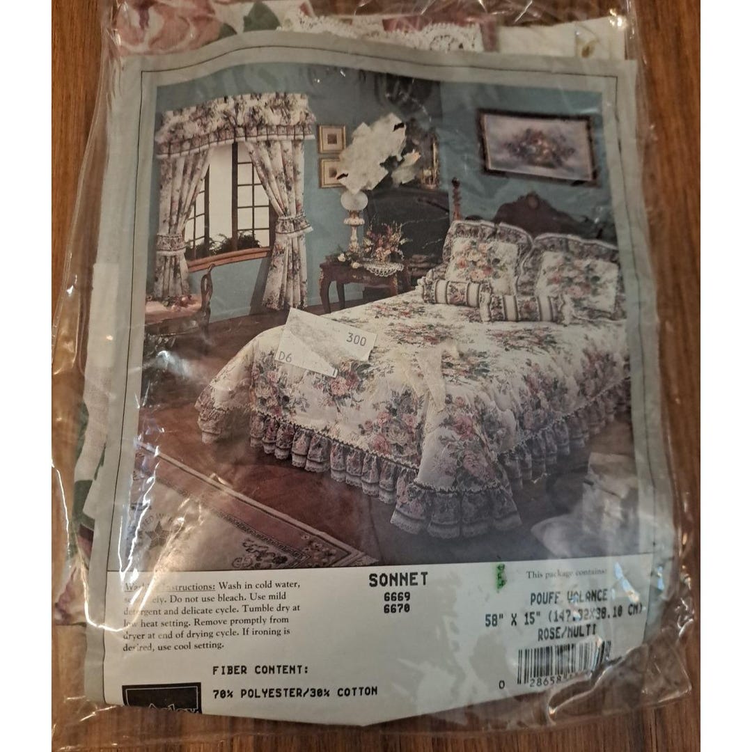 NEW Vintage Pouf Valance Sonnet Pink Floral Rose Lace Edge Cottage ...