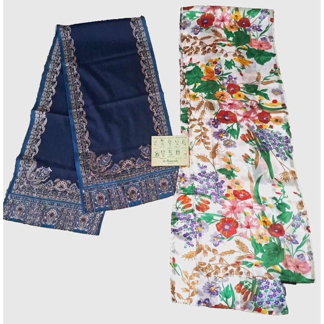 Vintage Womens Rectangle Scarf Set of 2 W How to Card Floral Blue ...