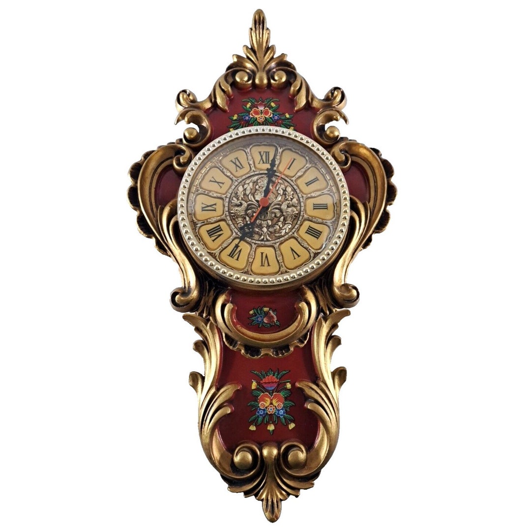 Vintage Wall Clock Red Gold Floral French Louis XV Style Elegant ...