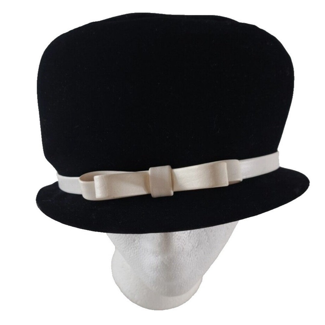 VTG Womens Chez Original Hat Black Velvet W Leather Band White Bow ...