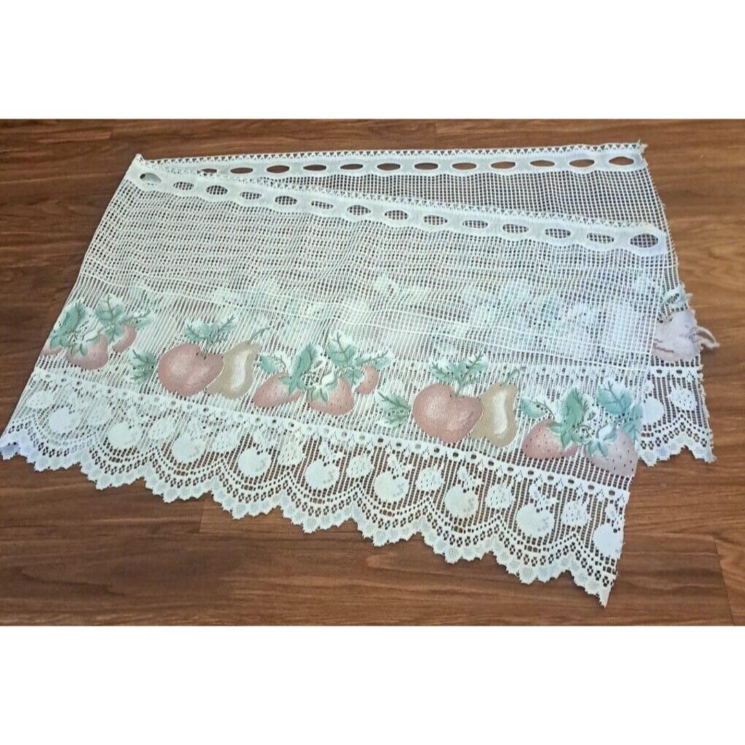 Vintage Knit Lace Window Valance Apple & Pear White Country Kitchen 80s ...