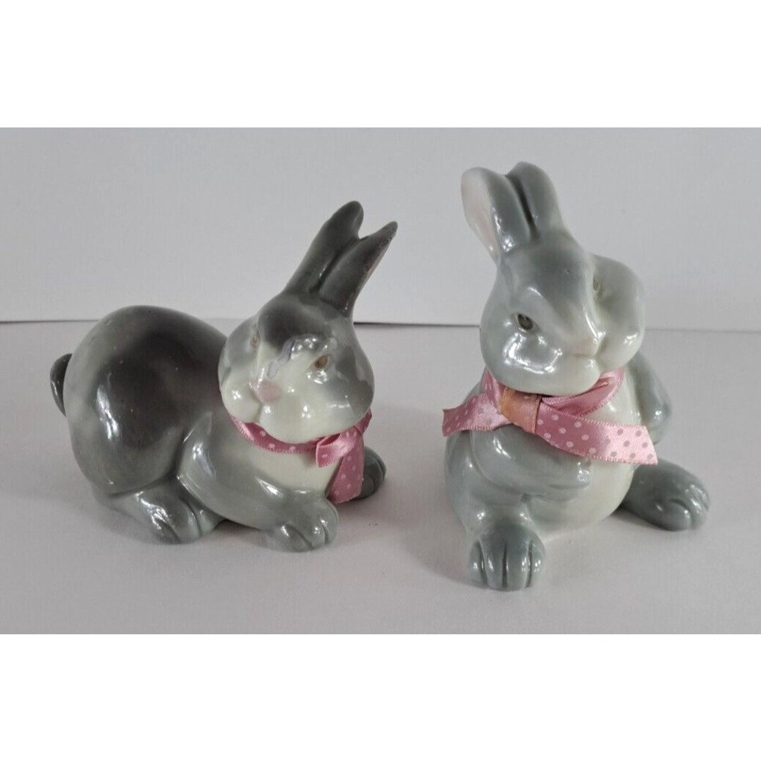 Vintage Flambro Ceramic Rabbits Bunny Figures Gray With Bows 4" Easter ...