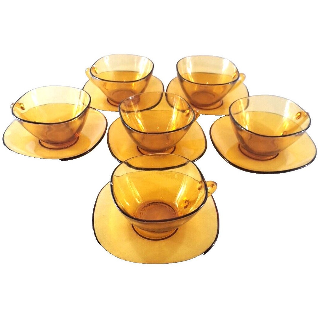 Vintage Vereco Glass Mugs Cups W Saucers Amber Mid Century Tea - Etsy