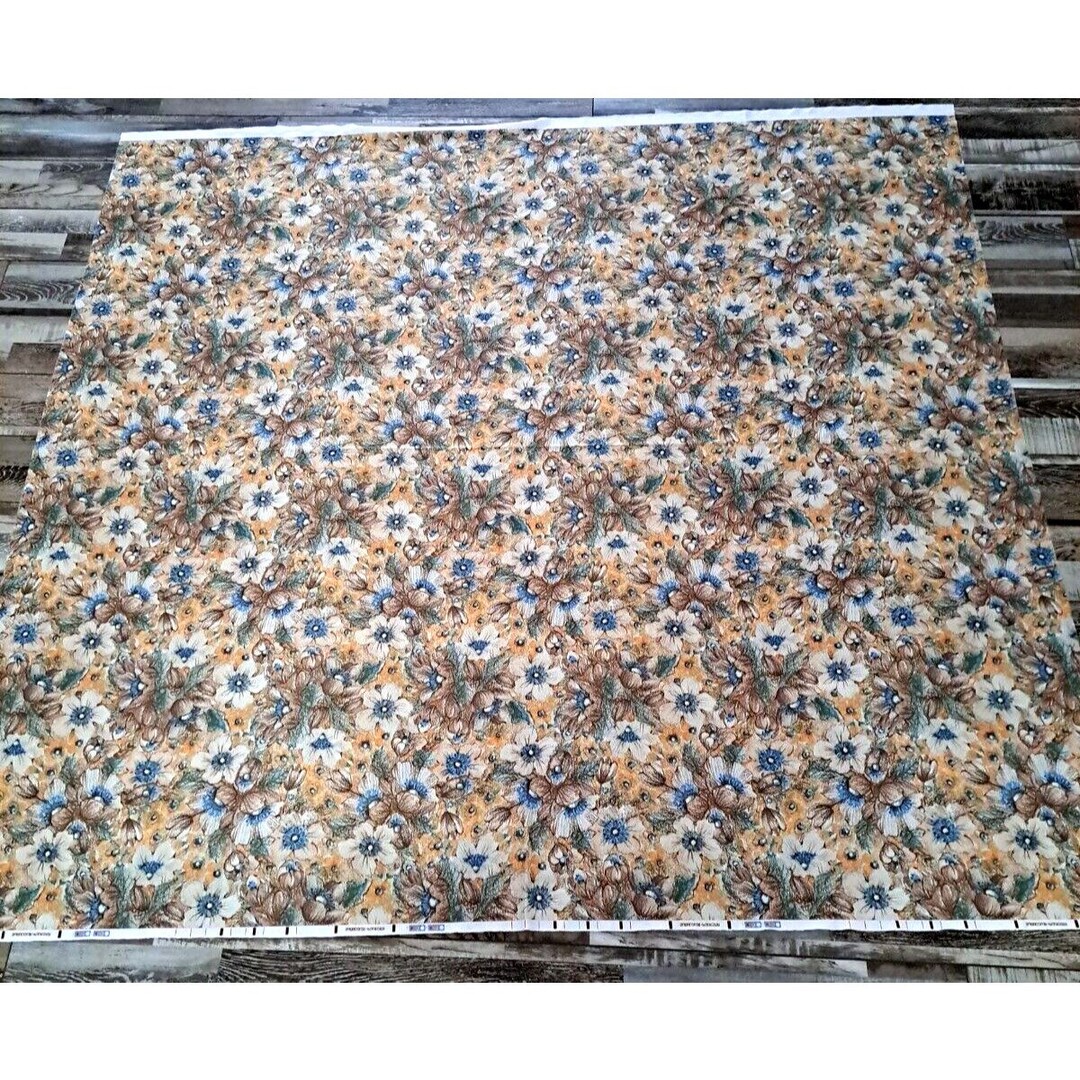Vintage Fabric Material 60s 70s Polyester Floral Tan Orange Blue 63x59 ...