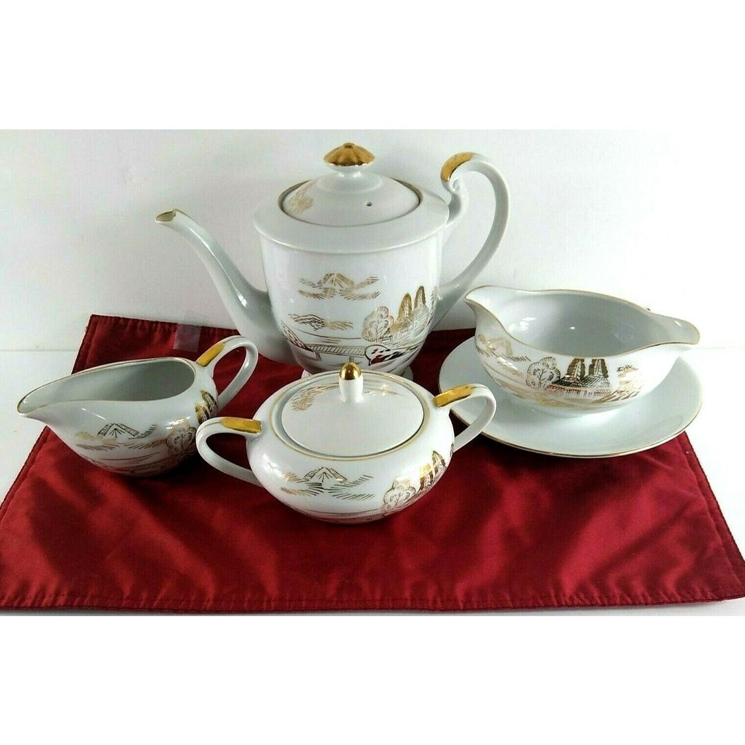 Hayasi Kutani Teapot Set Japan Creamer Sugar Waste Bowl Gold Fuji ...