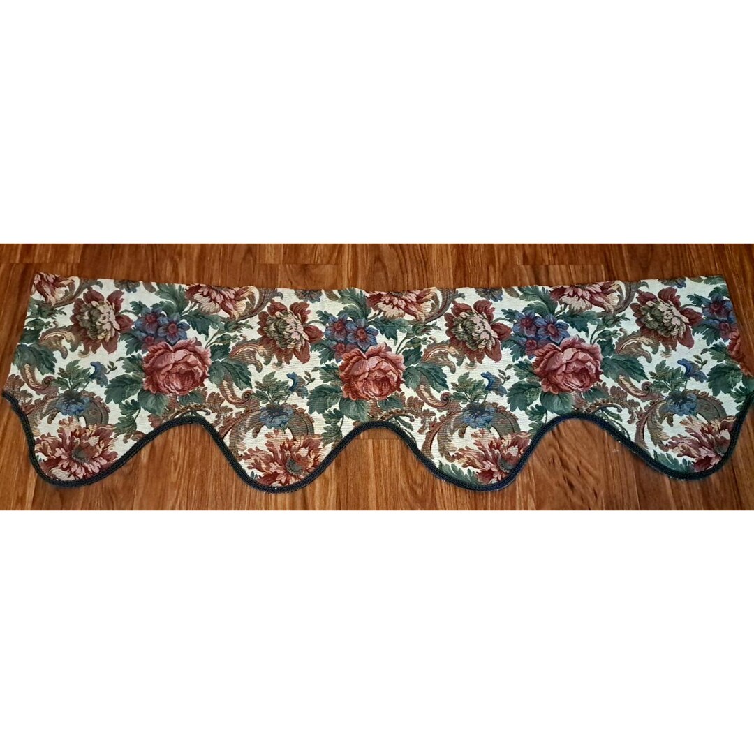 Tapestry Valance Blue Floral Pink Rose Jacobean Garden Scalloped 46x14 ...