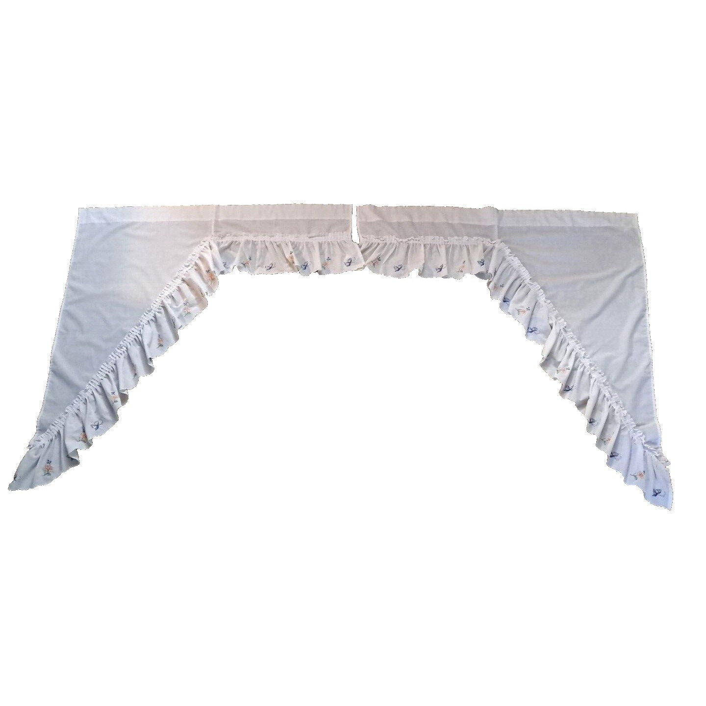 Arched Valance Curtain Set Angled White W Ruffle Trim Flower Butterfly ...