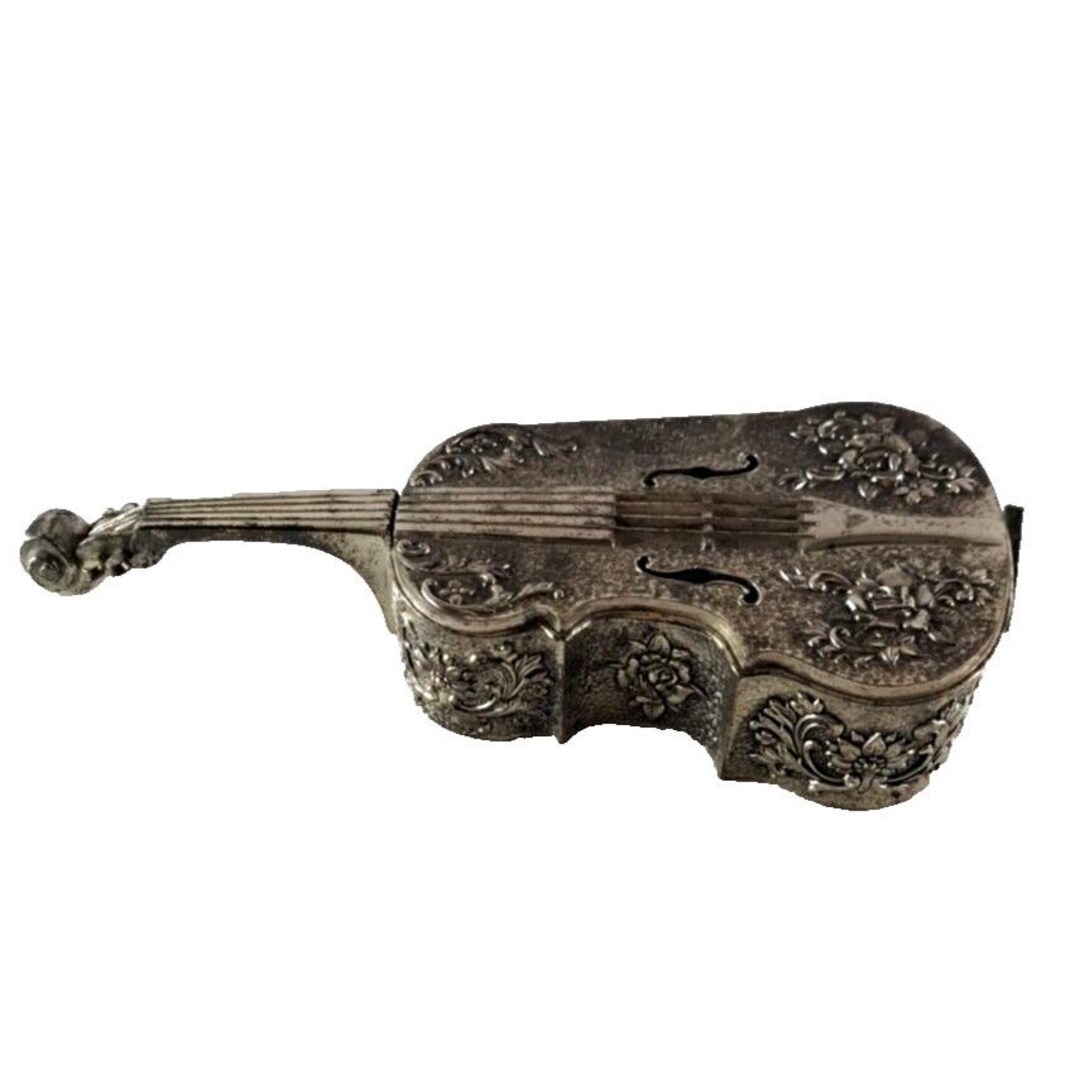 Vintage Violin Music Box Silver Tone Metal Works Ornate Trinket Floral ...