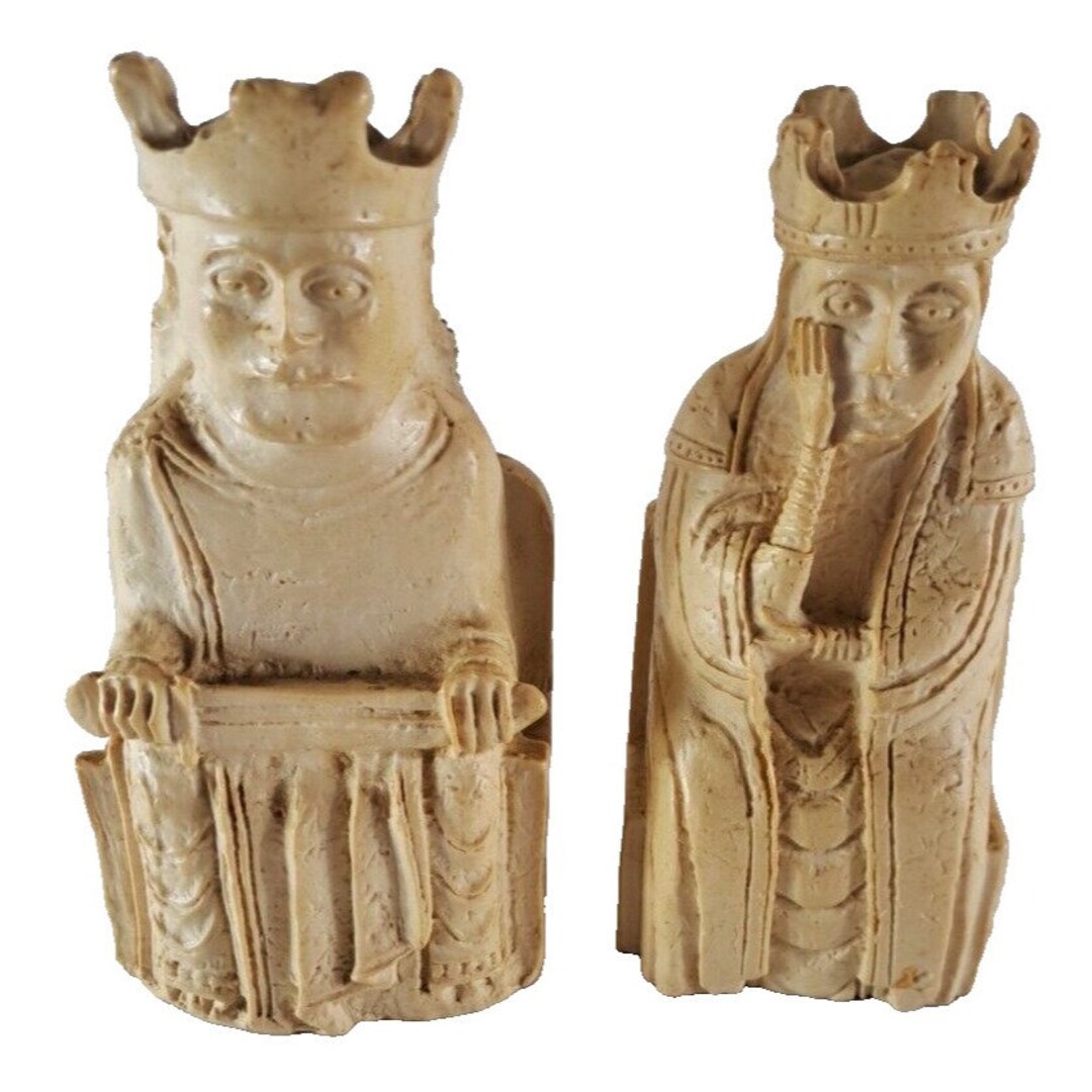 Vintage Lewis Chessmen Bookends Ivory King Queen Figures Resin Statues ...