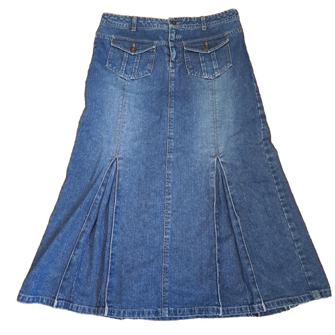 Vintage Denim Maxi Skirt Fench Cuff Womens Pleats Pockets Western Boho ...