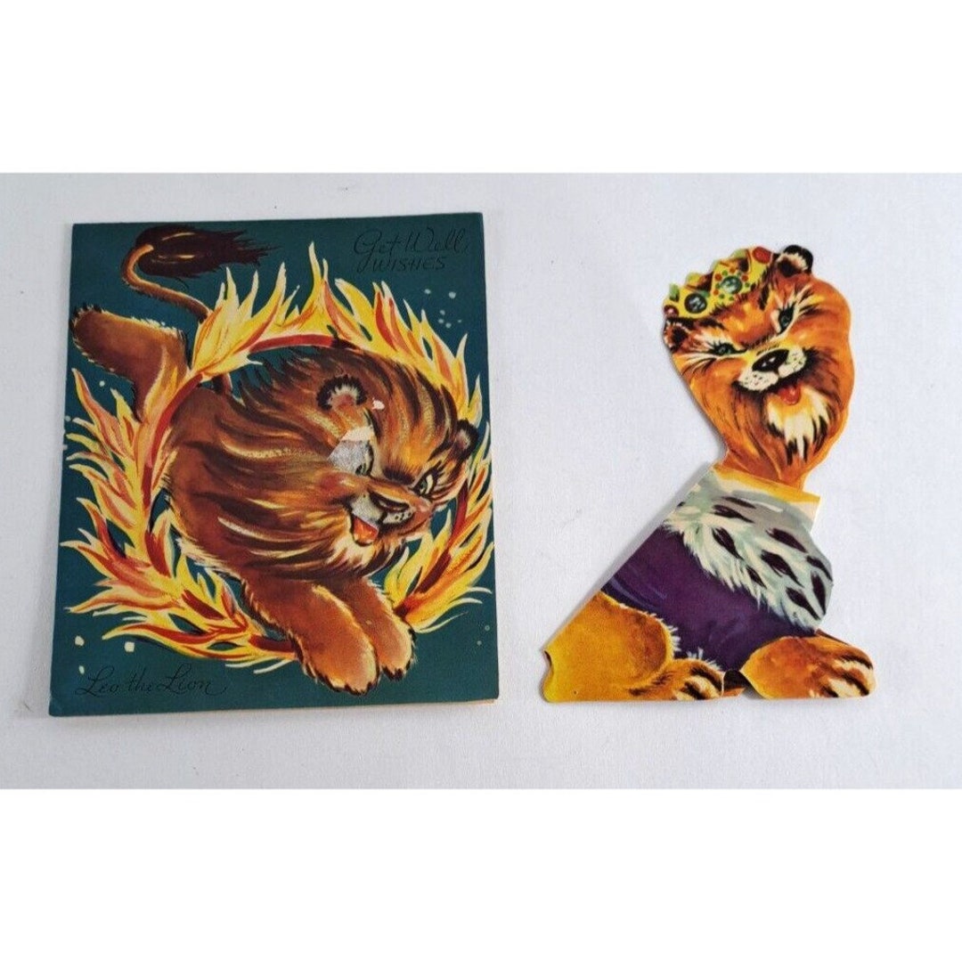Vintage Get Well Card W Lion Cut Out Doehla Fine Arts Made in USA Retro ...