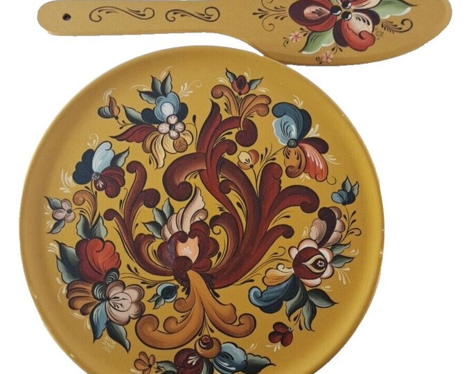 VTG Wood Wall Decor Plate & Spatula Hand Painted Norwegian Rosemaling ...