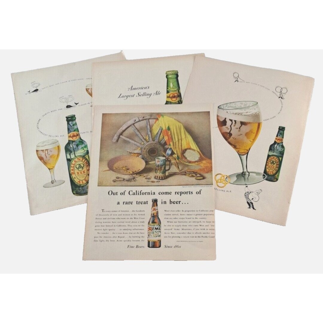 Vintage Beer Ale Print Ads Ballantine Acme Lot of 4 Mancave Art 10.5x14 ...