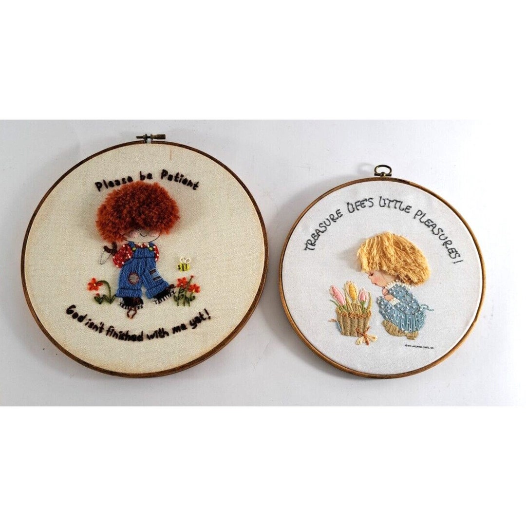Vintage Crewel Pictures Set of 2 Round 70s Children Big Hair Hallmark ...