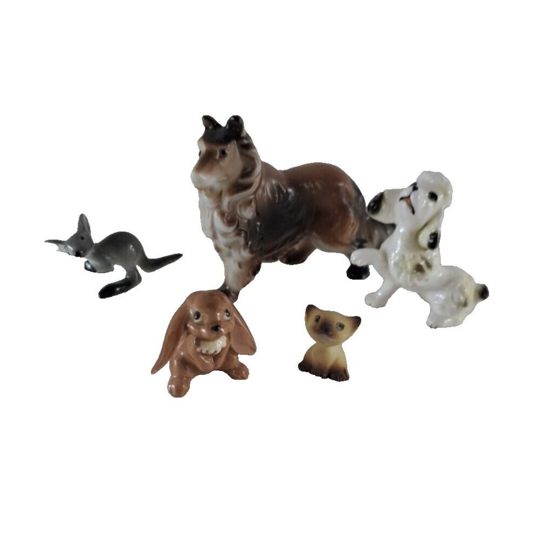 VTG Miniature Ceramic Animals Collie Poodle Dogs Bunny Kitten Kangaroo ...