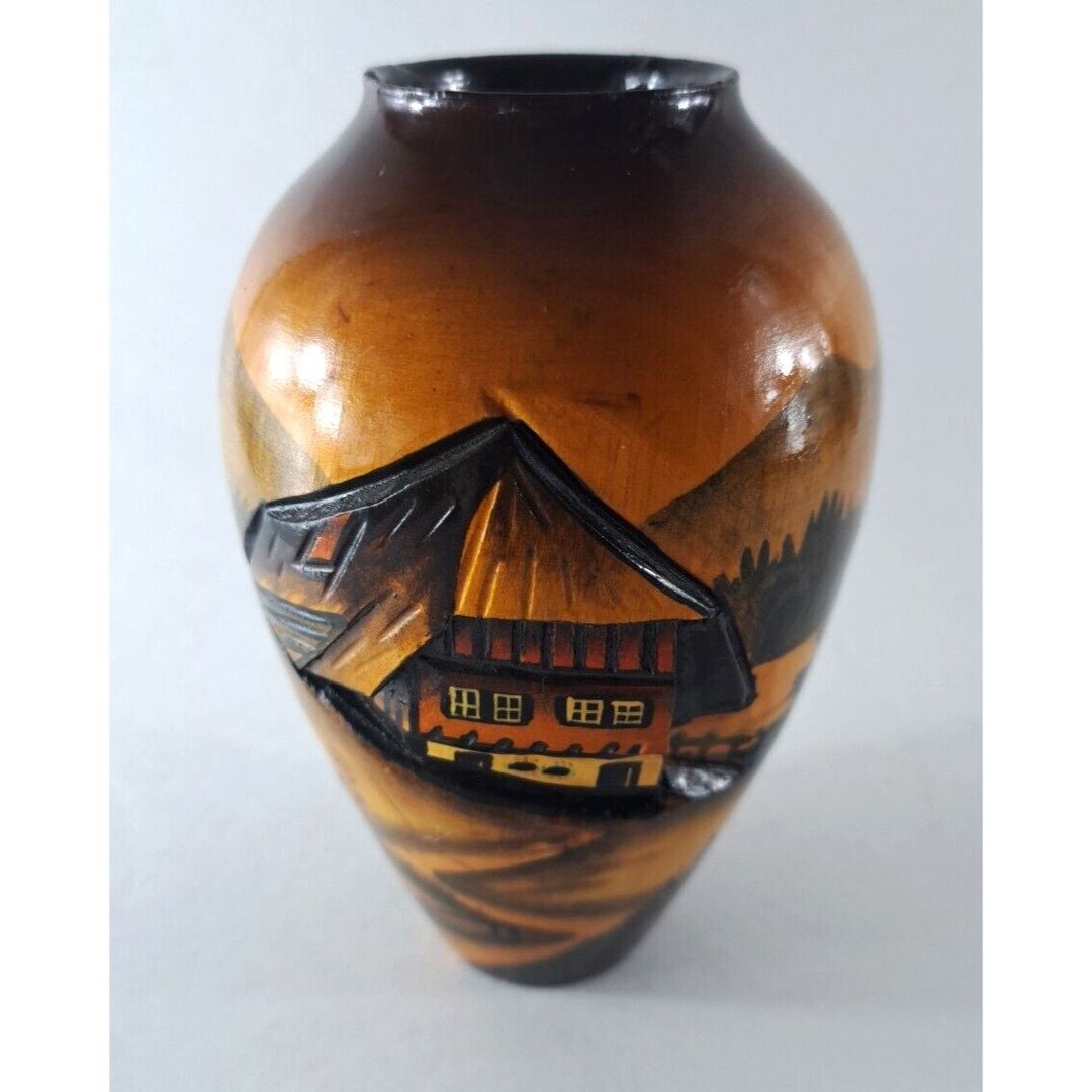 Vintage Handarbeit Wood Vase Black Forest House Hand Carved Primitive 6 ...