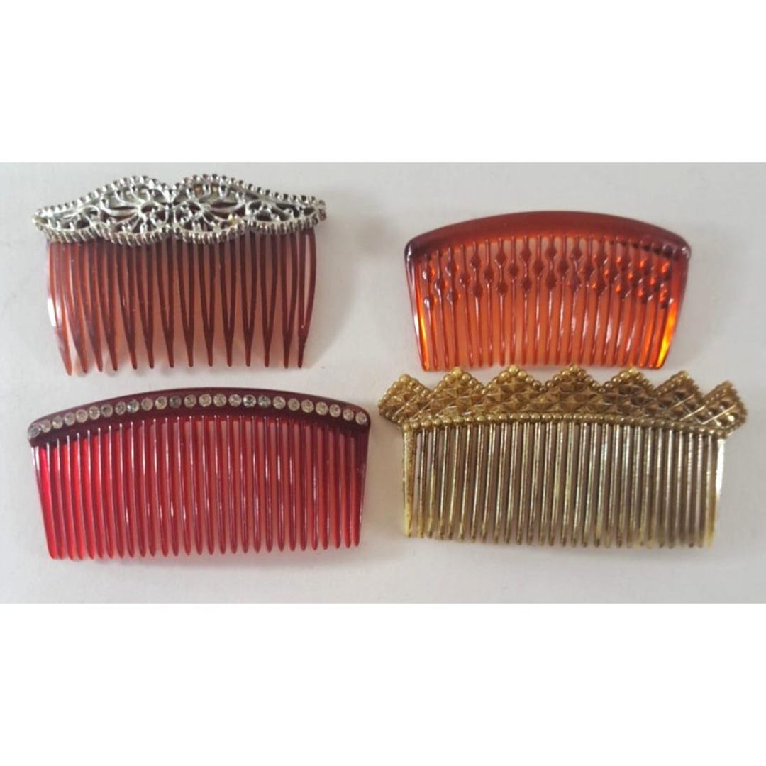 Vintage Hair Comb Lot 4 Combs Plastic Rhinestones Gold Red USA Made ...