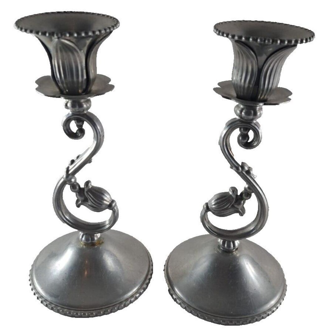 Vintage Aluminum Candlestick Holders Floral Wrought Farberware Silver ...