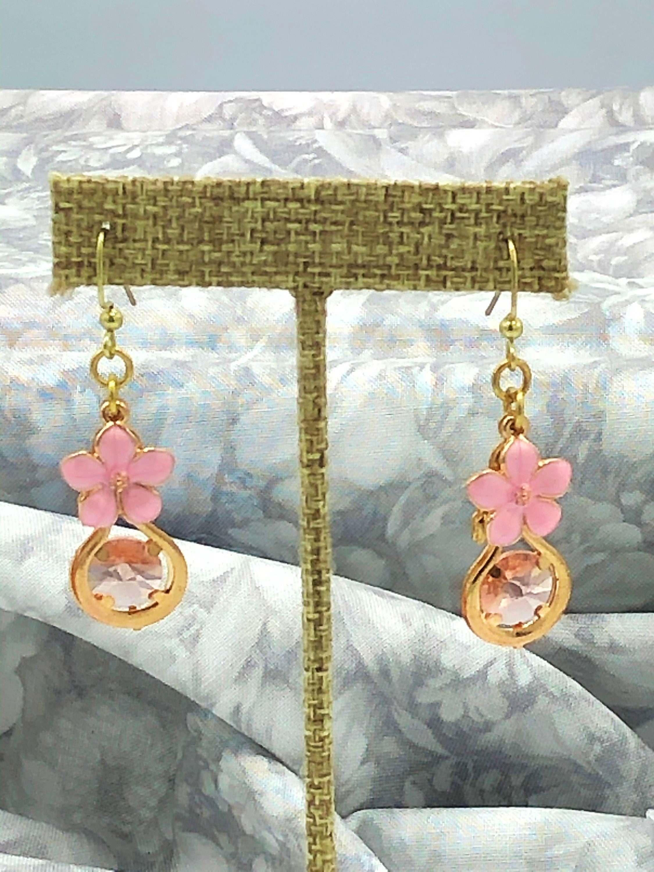 Pink Floral Crystal Drop Earrings | Etsy