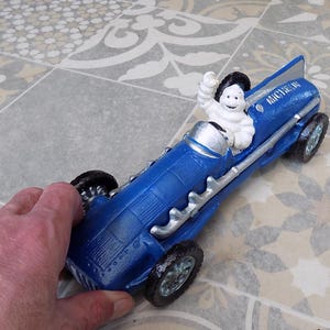 Cast Iron " MICHELIN MAN in Blue Racing Car Hubley 1934 " 10 Inches ...