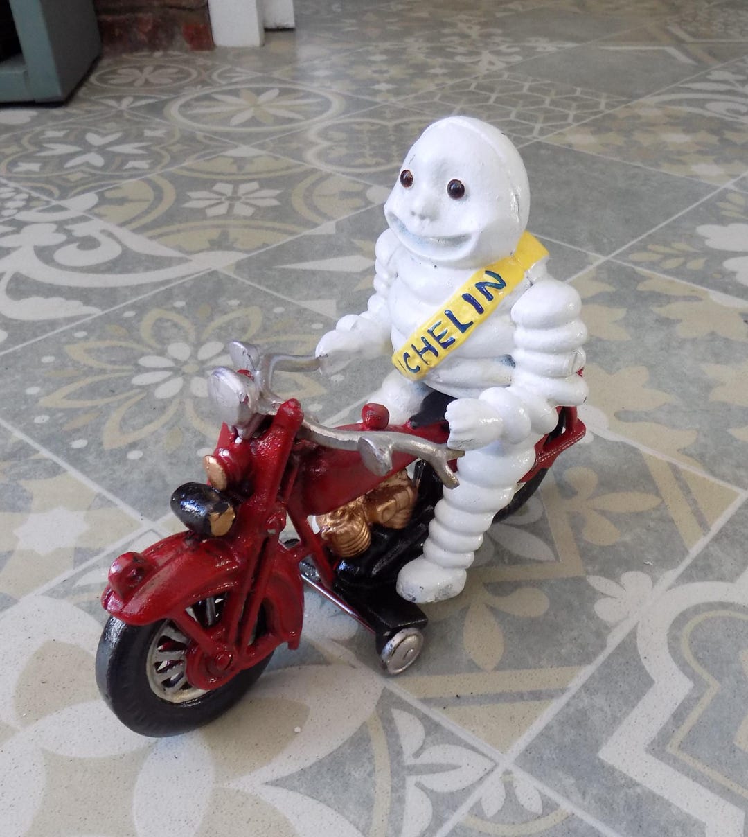 MICHELIN MAN Bibendum on Red Harley Davidson Motorcycle Cast Iron ...